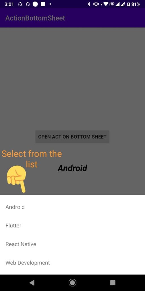 Android bottom sheet dialog fragment popup with list selection Android bottom sheet dialog fragment popup with list selection