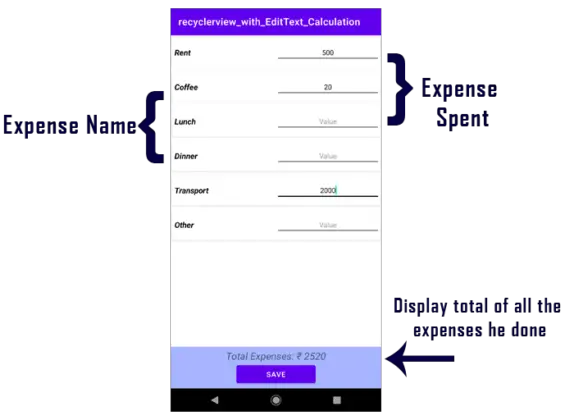 Android RecyclerView with EditText Example + Expense sum calculation Android RecyclerView with EditText Example + Expense sum calculation